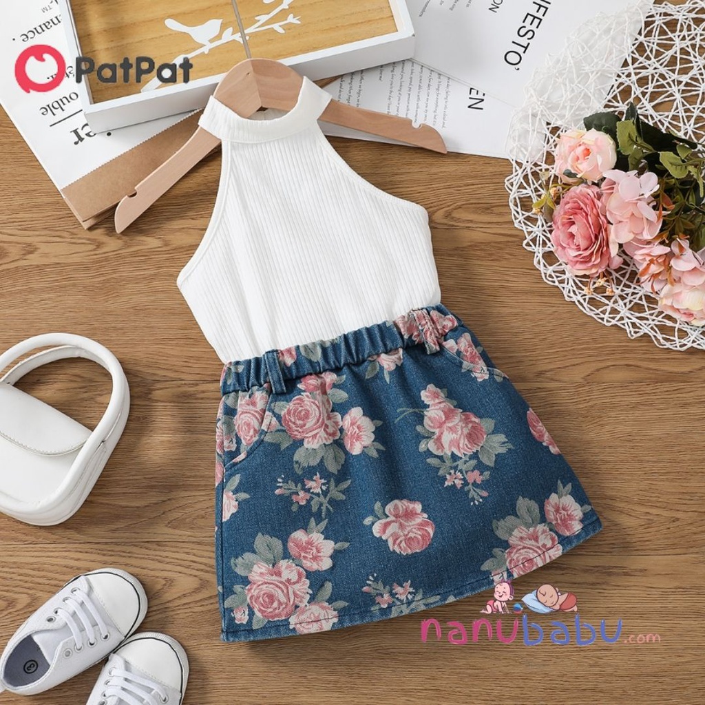 Patpat-2pcs Toddler Girl Trendy Ribbed Cotton Halter Tank Top and Floral Print Skirt Set-3nb18 ...